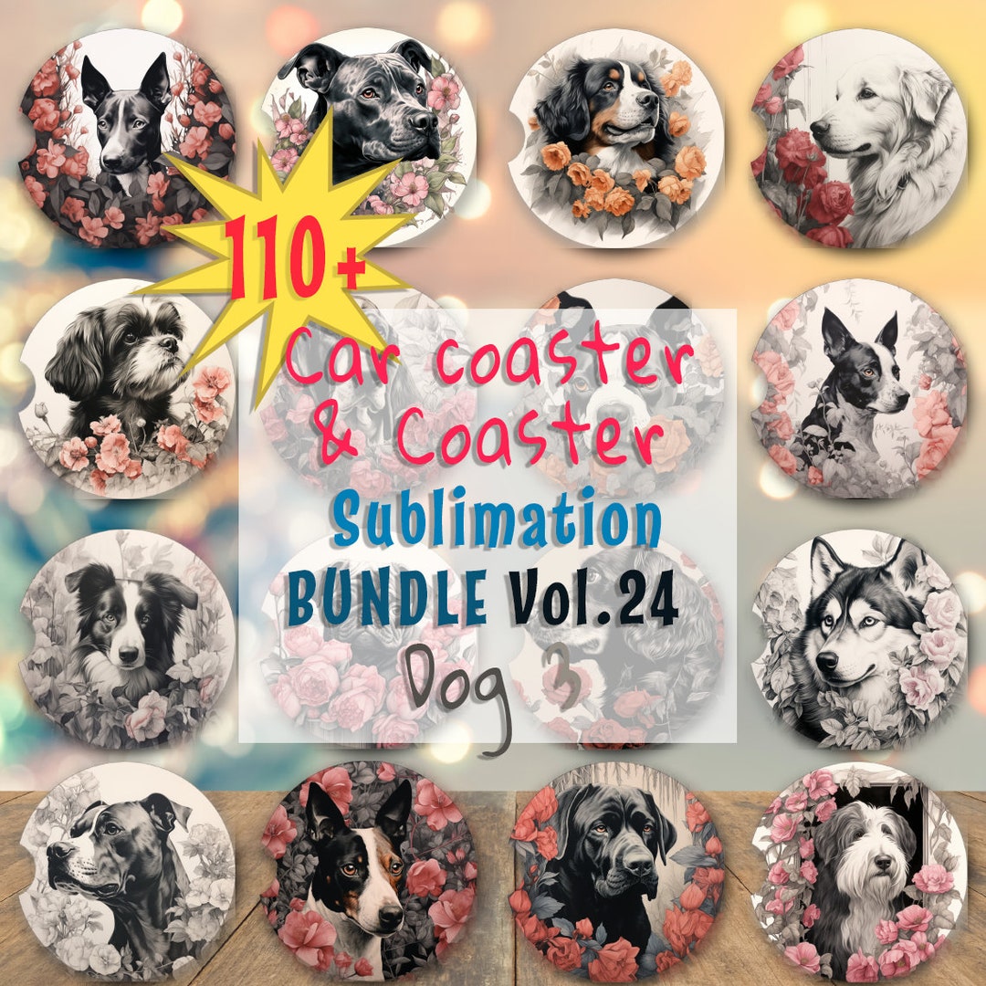110 Black and White Dog Car Coaster Sublimation Design PNG V24, Car Coaster Designs,round ...