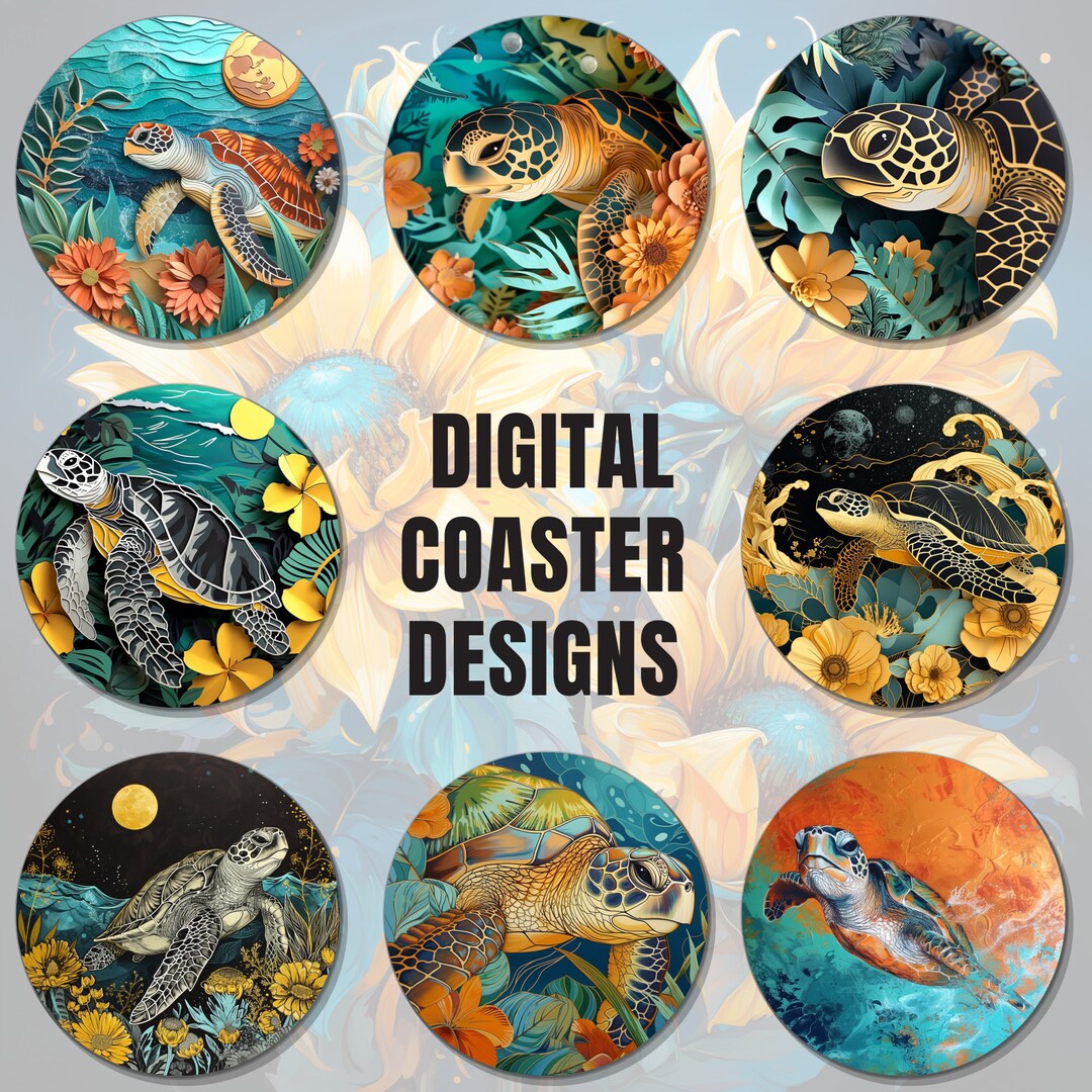 25 Sea Turtle and Flower Coaster Sublimation Design PNG, Car Coaster ...