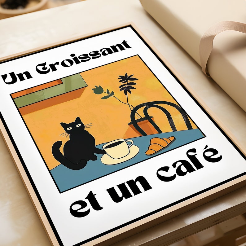French Cafe Croissant Cat Print, Retro Drink Poster, Bistro Coffee ...