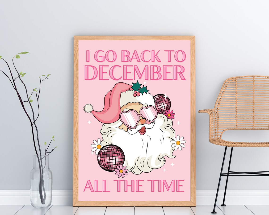 Back to December Poster, Pink Christmas Wall Art, Pink Santa Poster ...