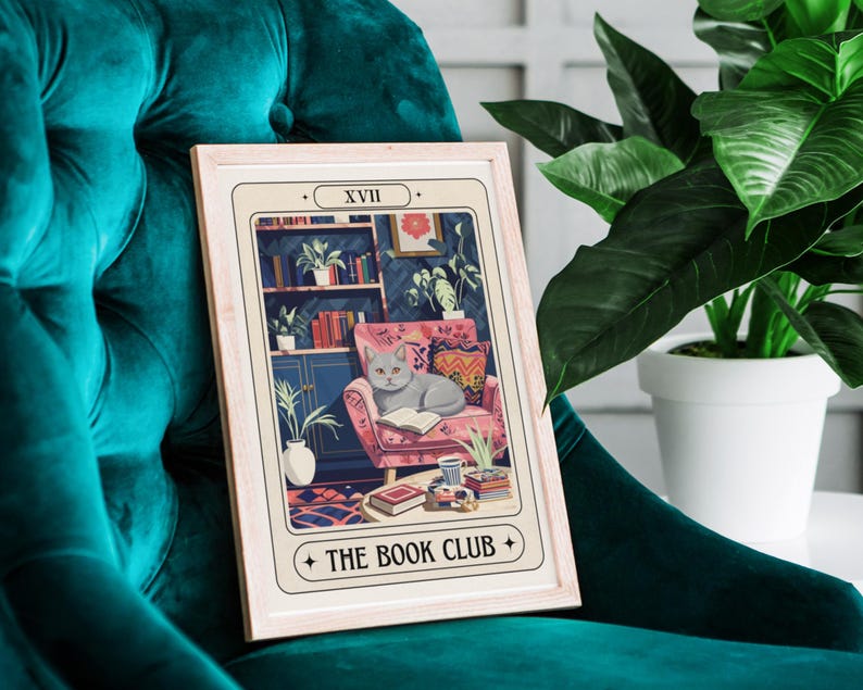 Tarot Card Book Club Poster Gray Cat Library Illustration Digital ...