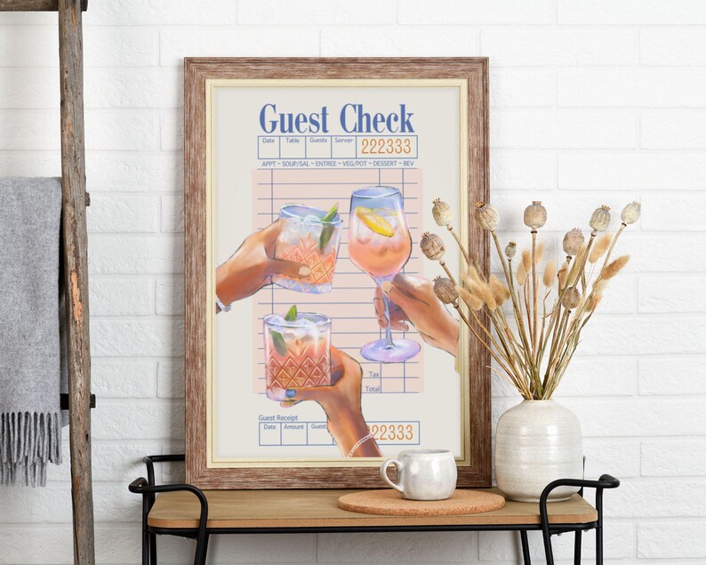 Cheers Guest Check Poster Trendy Bar Cart Art Preppy Cocktail Bar Cart ...