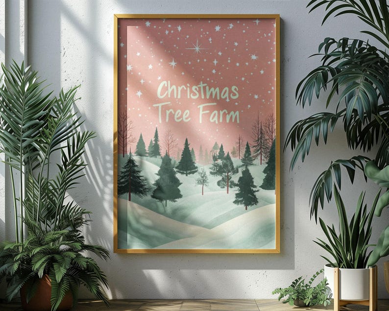 Christmas Tree Farm Print Snowy Winter Farmhouse Art Digital Download ...