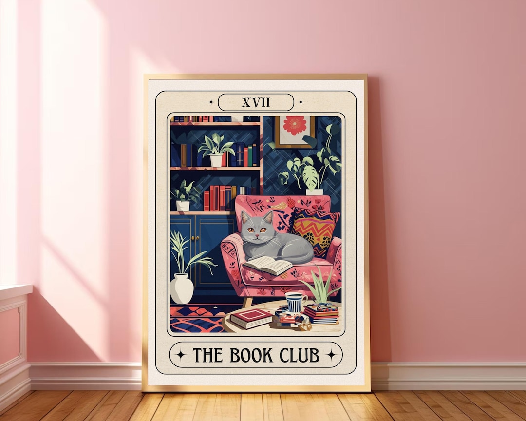 Tarot Card Book Club Poster Gray Cat Library Illustration Digital ...