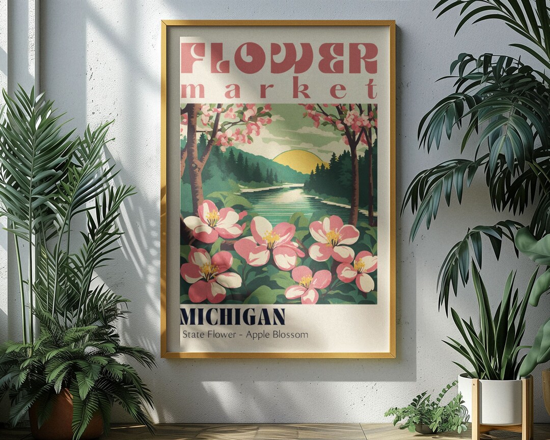 Michigan Flower Market Poster Apple Blossom Vintage Travel Wall Art ...
