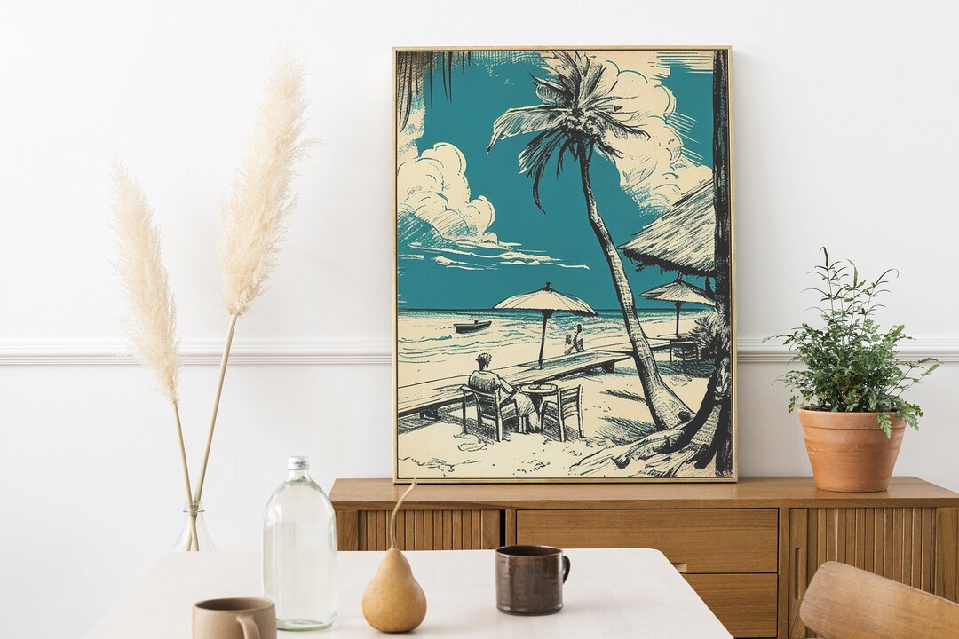 Vintage Beach Sketch Blue Sky | Hand-drawn Seaside Art | Umbrellas ...