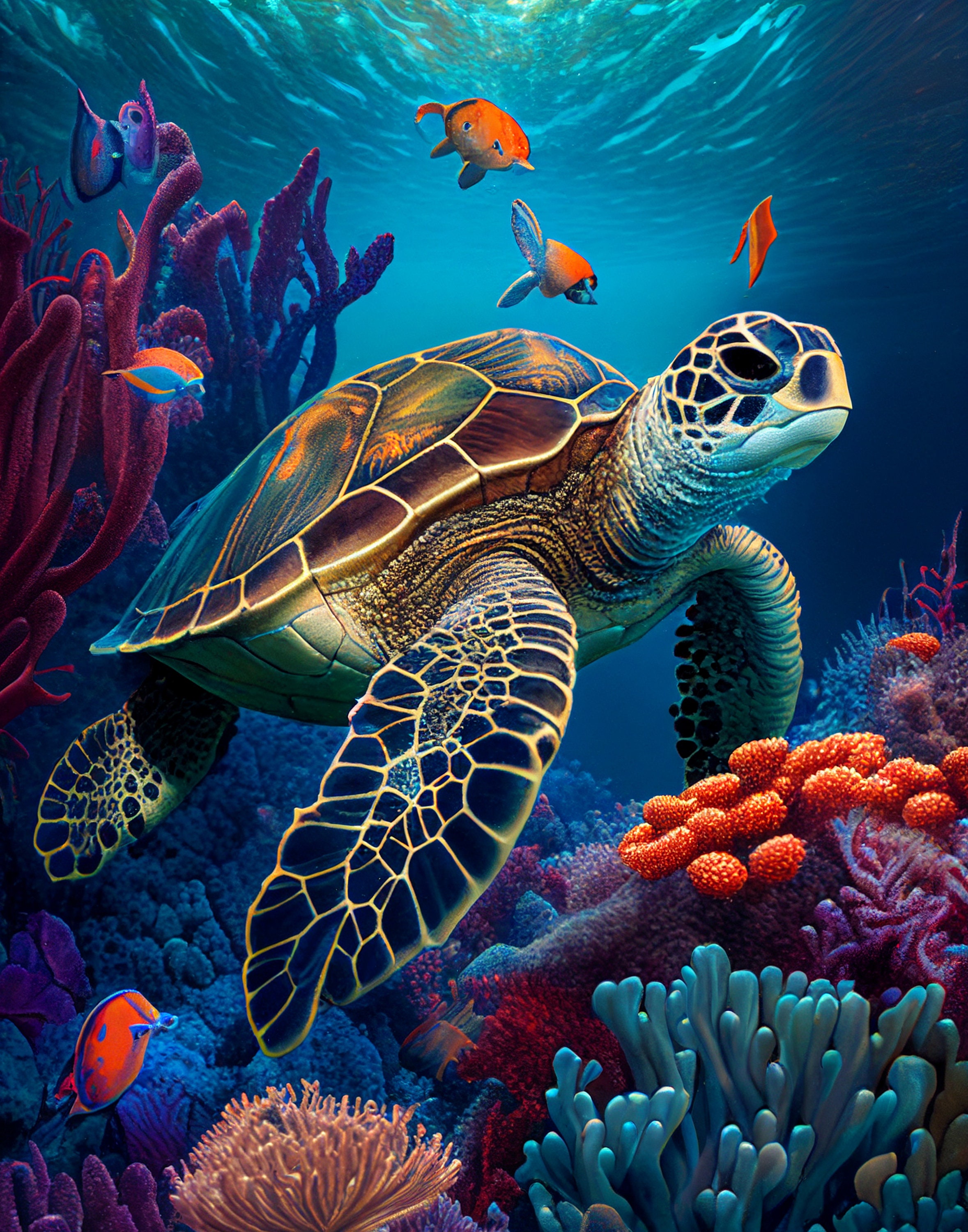 Colorful Turtle & Coral Reef Printable Vibrant Underwater World Art ...