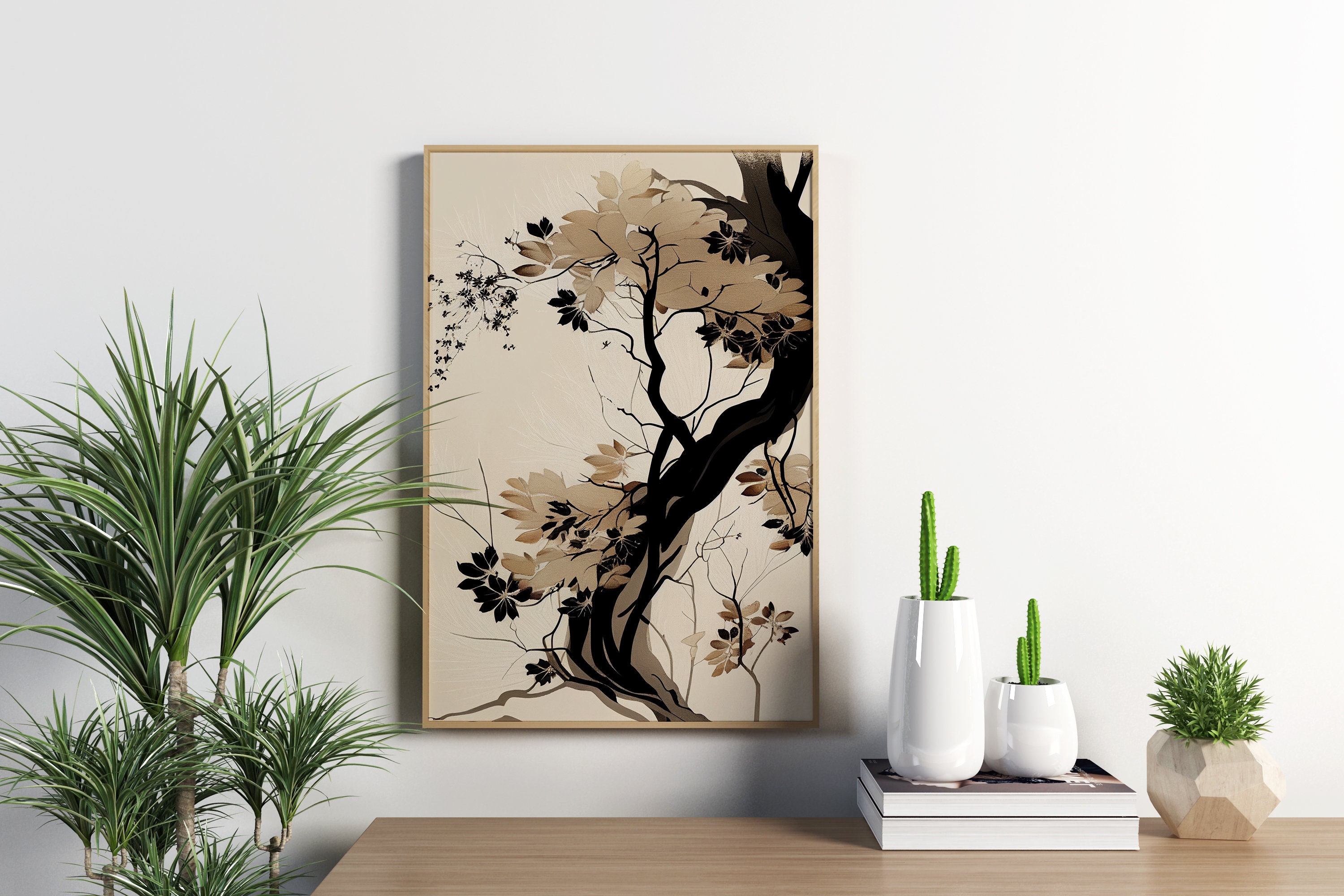 Abstract Sakura Printable | Beige & Black Neutral Oriental | Elegant ...