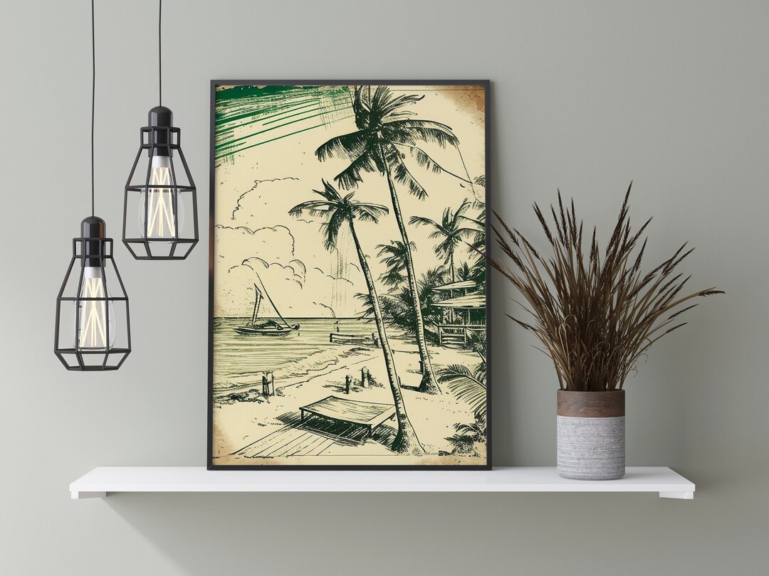 Vintage Sketch of Tropical Beach | Hand-drawn Paradise Art | Coastal ...
