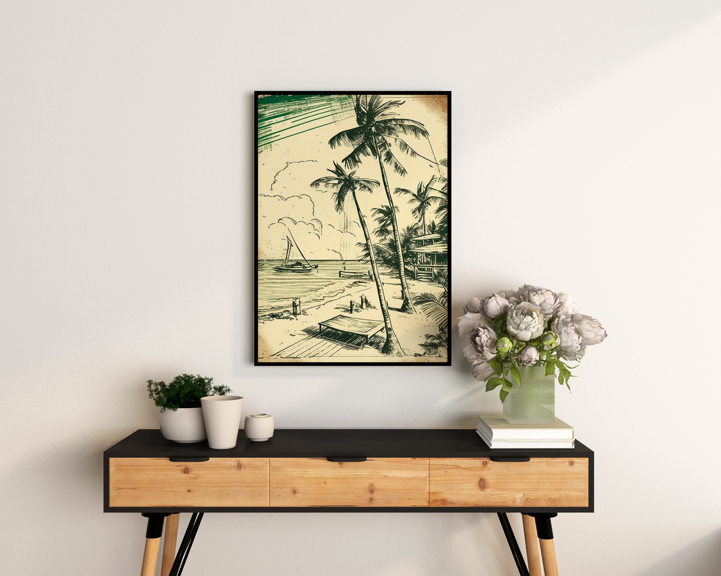 Vintage Sketch of Tropical Beach | Hand-drawn Paradise Art | Coastal ...