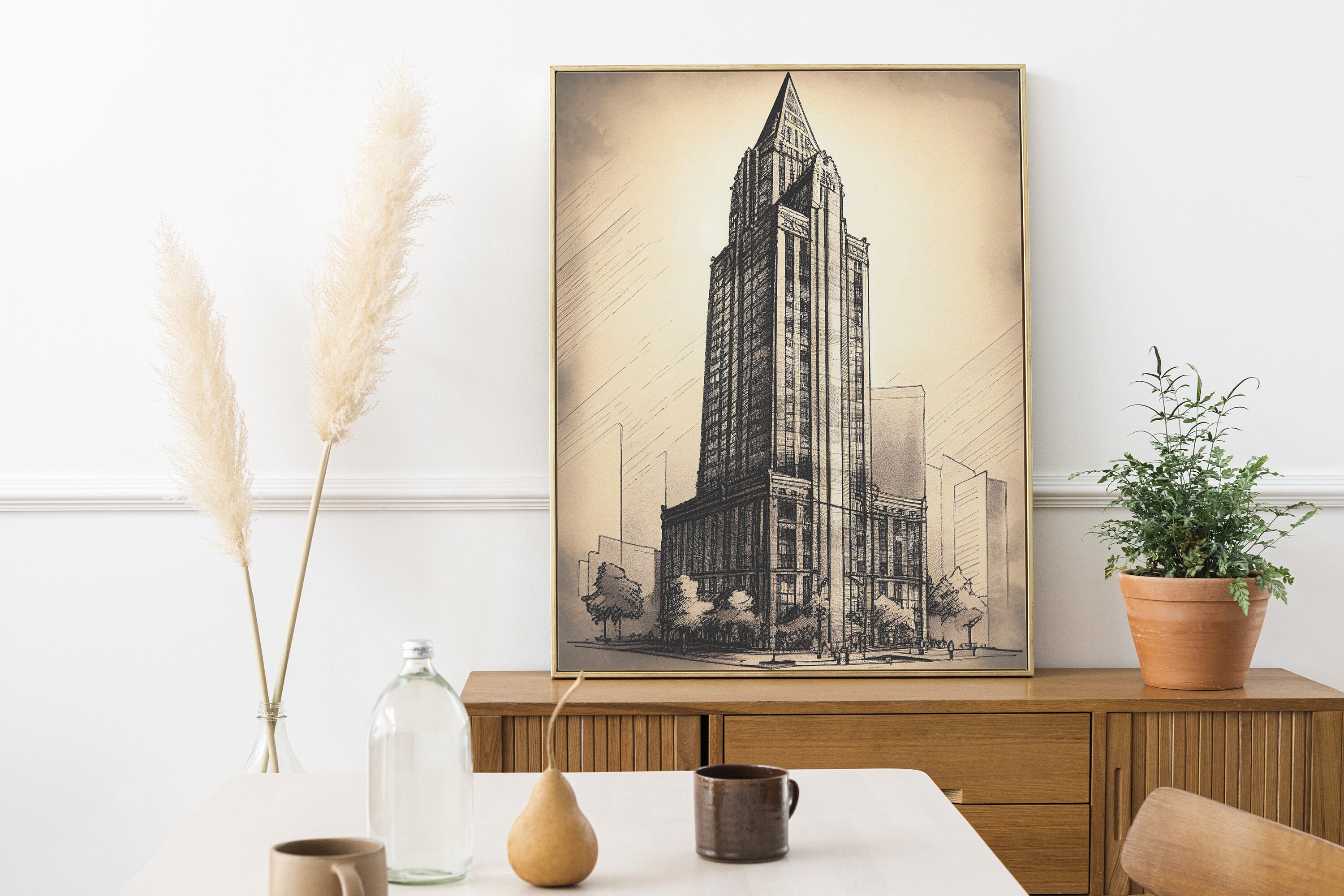 Vintage Skyscraper Pencil Sketch Classic Urban Architecture Hand-drawn ...