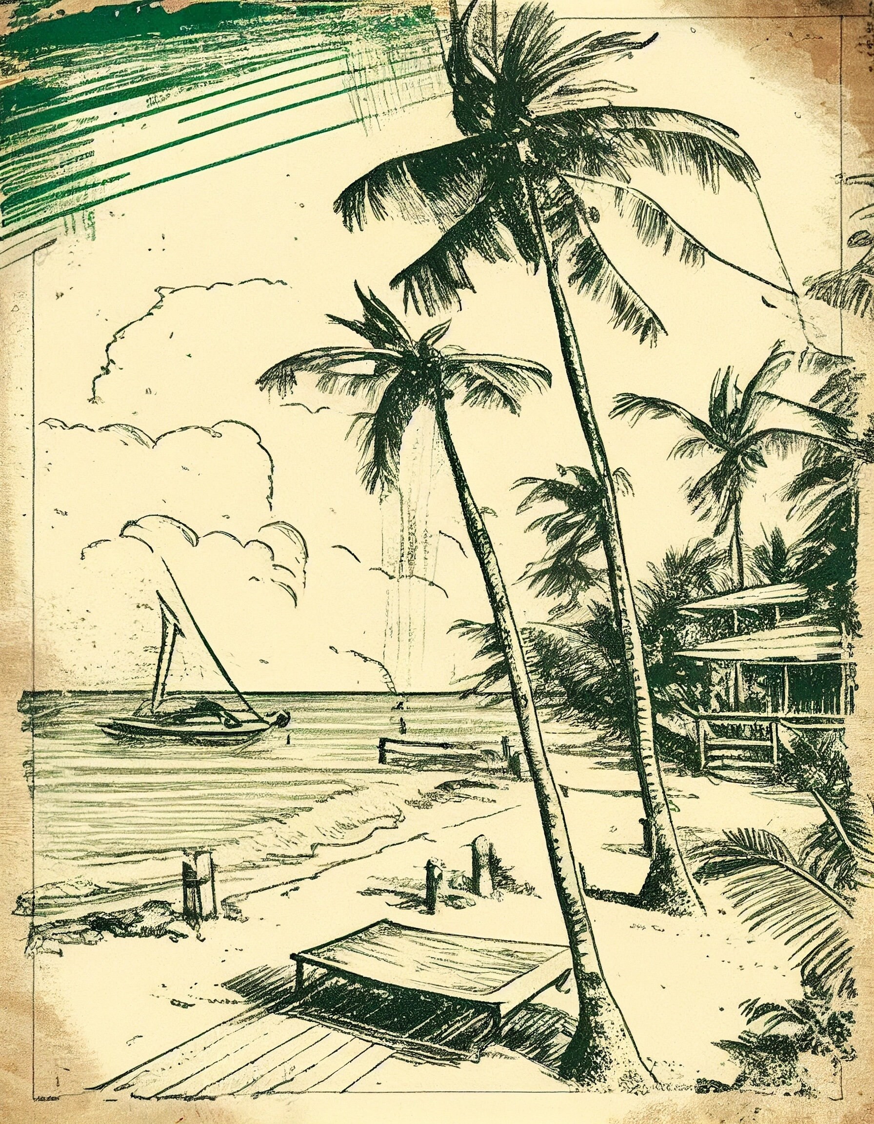 Vintage Sketch of Tropical Beach | Hand-drawn Paradise Art | Coastal ...