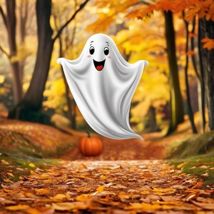 Halloween Digital Backdrop, Spooky Cute Ghost in Autumn Forest Digital ...