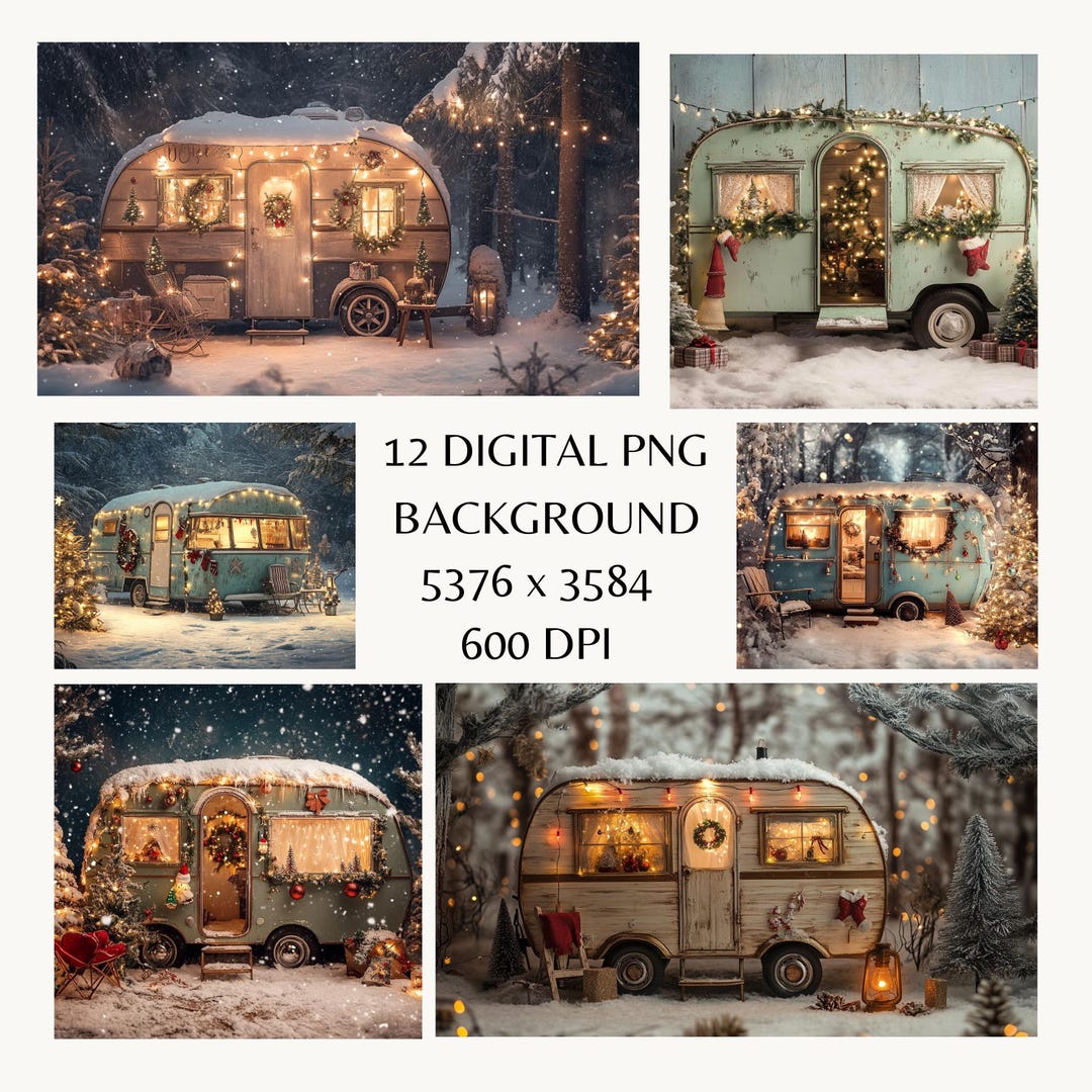 Vintage Christmas Camper Backdrop, Cozy Winter Wonderland Caravan Scene ...