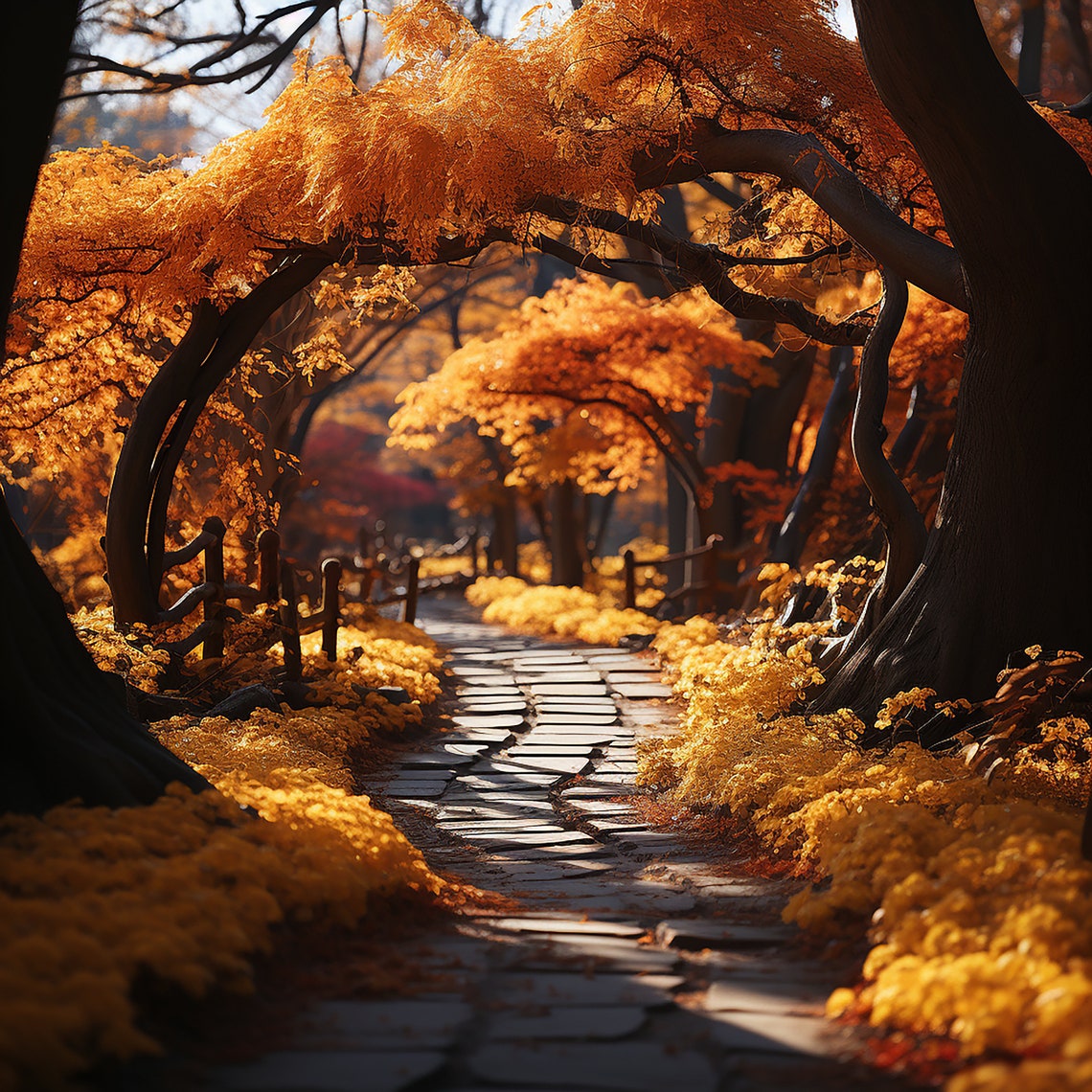Golden Autumn Walkway Backgrounds for Photoshop Immerse Your - Etsy