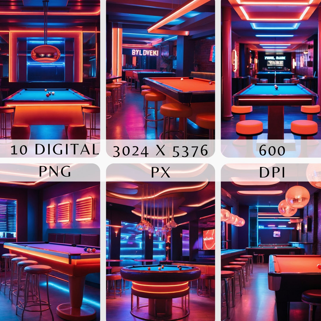 Digital Backdrop Neon Glow Pool Hall, Billiards Table Scene Photoshoots ...