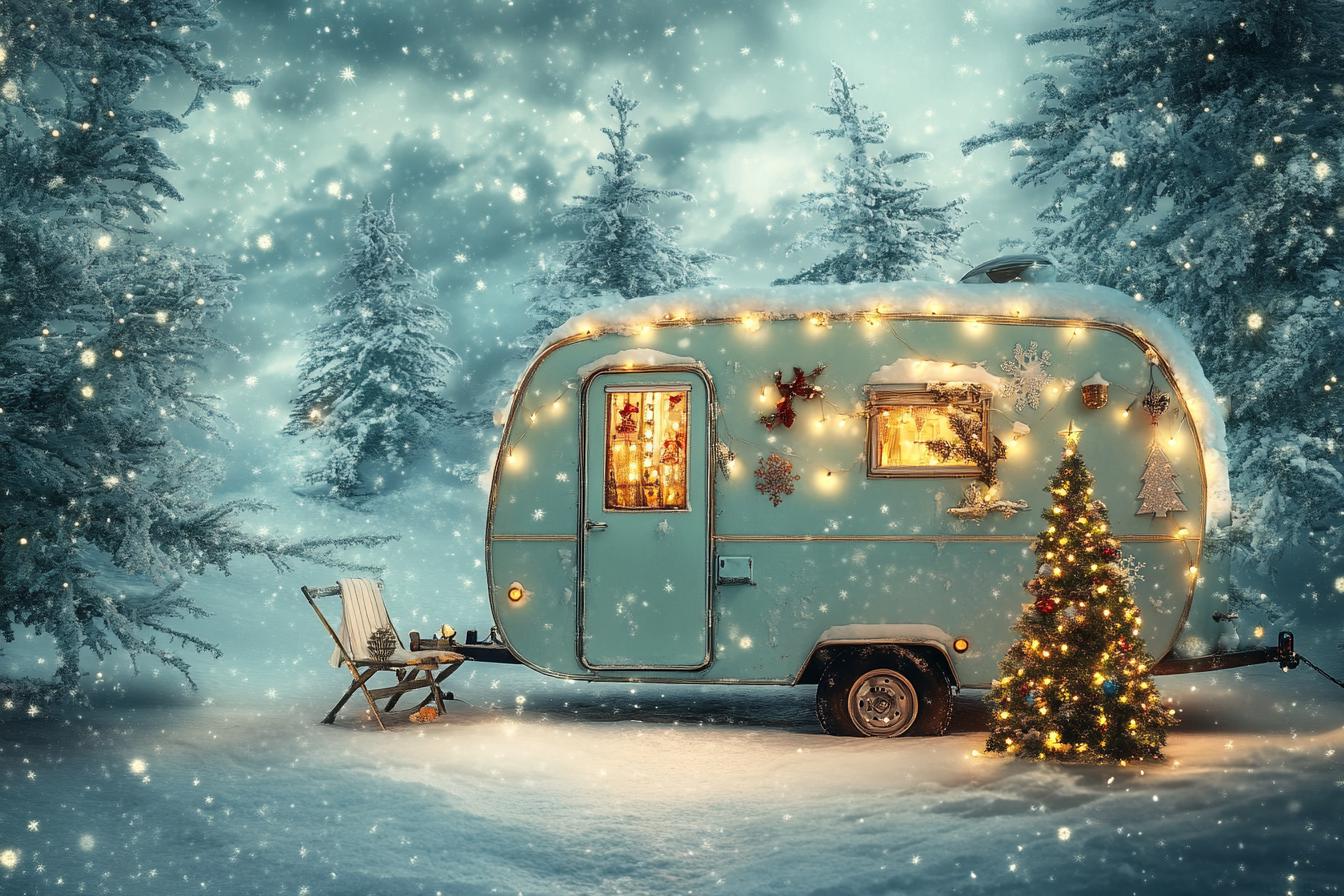 Vintage Christmas Camper Backdrop, Cozy Winter Wonderland Caravan Scene ...