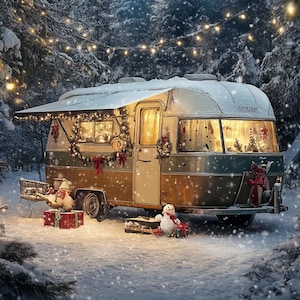 Vintage Christmas Camper Backdrop, Cozy Winter Wonderland Caravan Scene ...