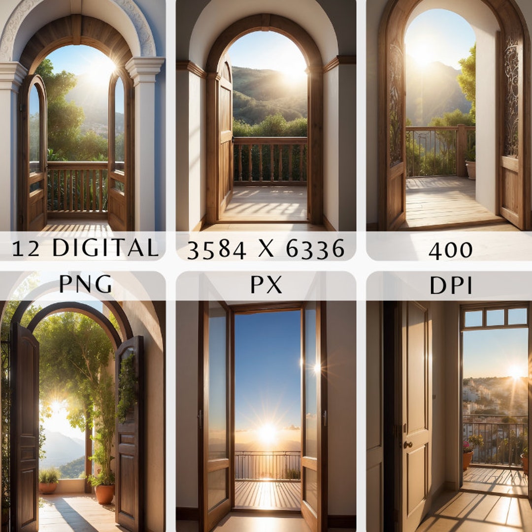 Digital Background of Open Wooden Arch Balcony Doorway With Sun Shining ...