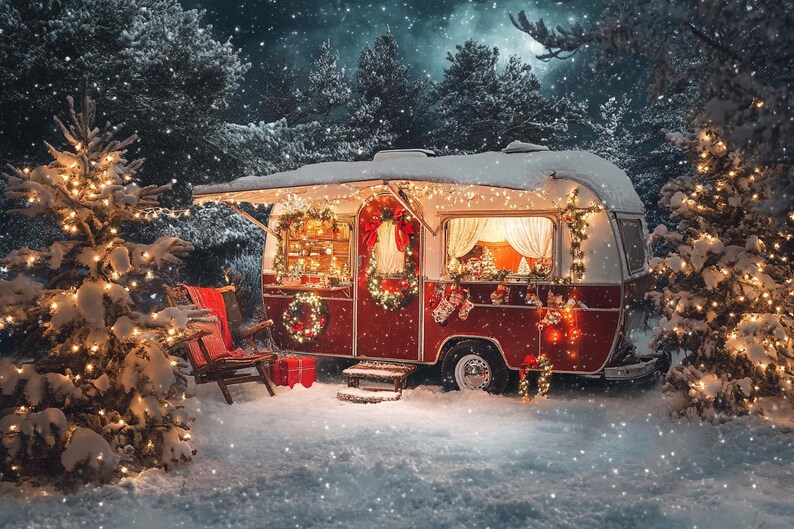 Vintage Christmas Camper Backdrop, Cozy Winter Wonderland Caravan Scene ...