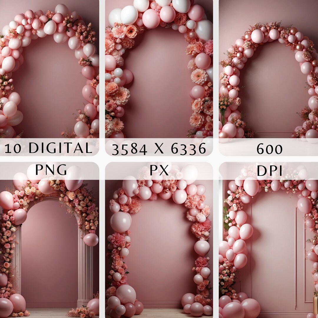 Elegant Pink and White Balloon Arch Digital Backdrop for Portrait ...