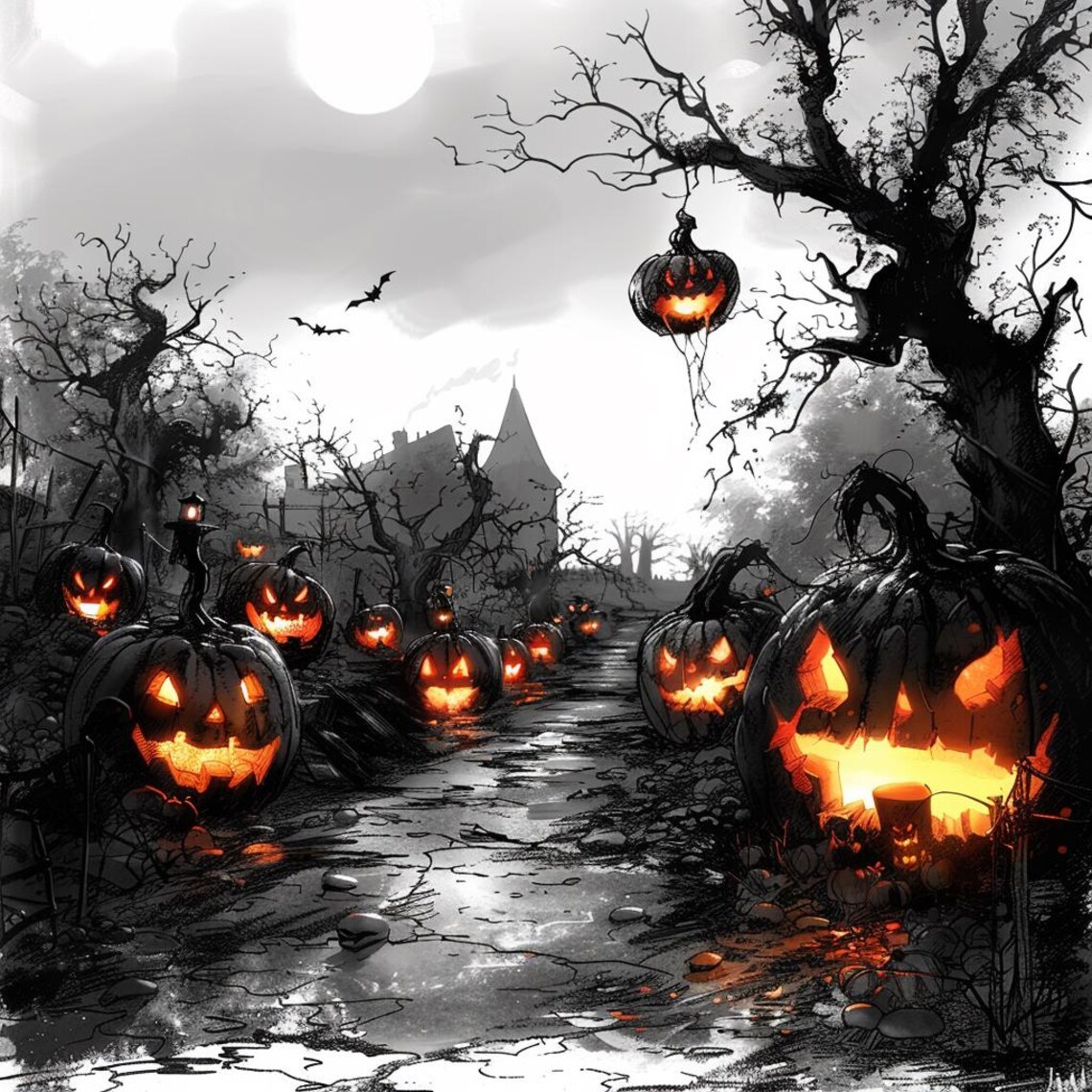 Spooky Halloween Graveyard Digital Backdrop for Photoshop With Jack-o ...