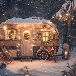 Vintage Christmas Camper Backdrop, Cozy Winter Wonderland Caravan Scene ...