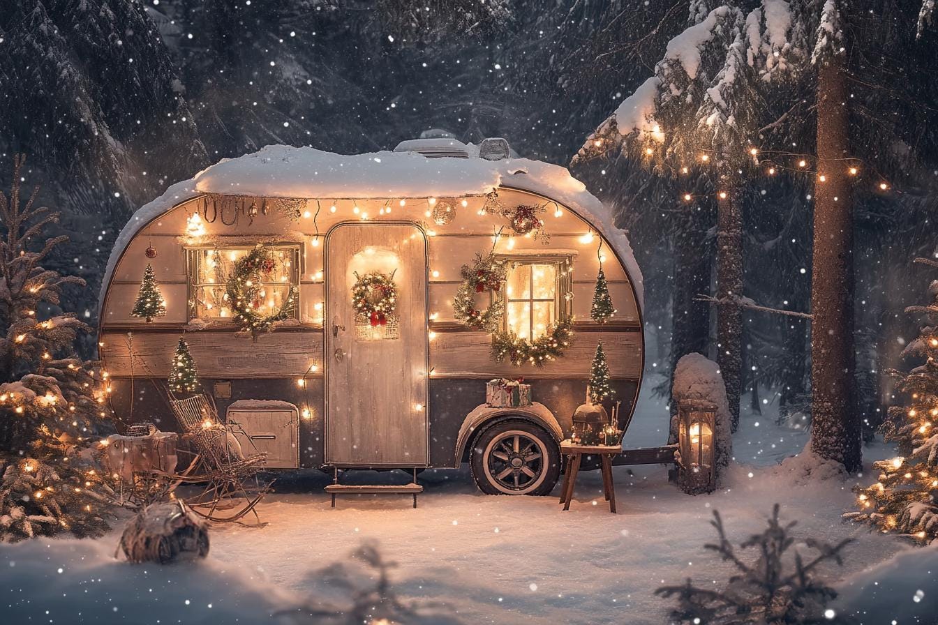 Vintage Christmas Camper Backdrop, Cozy Winter Wonderland Caravan Scene ...