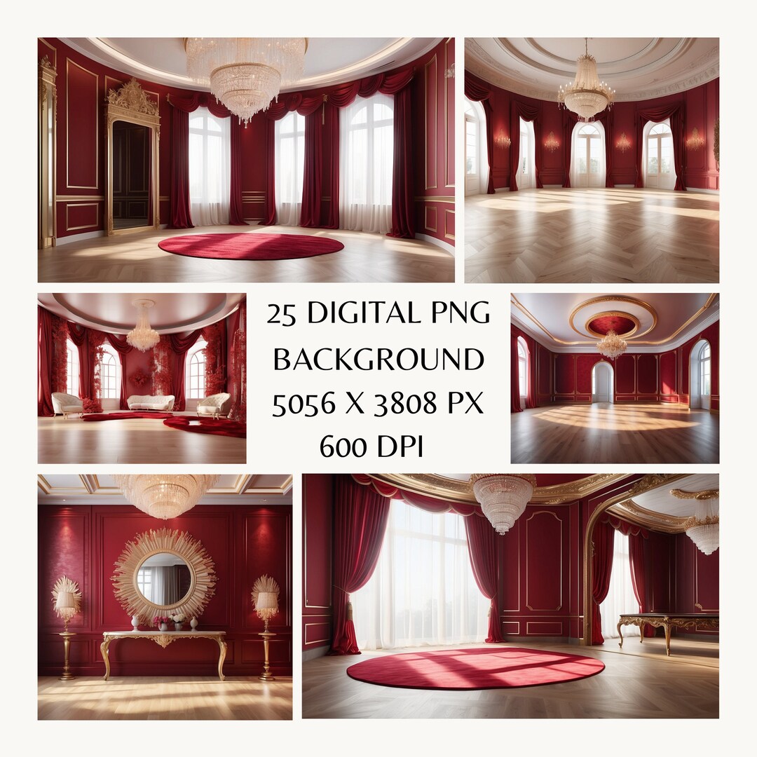 Digital Backdrop Elegant Red Gold Ballroom, Sunlit Luxe Interior ...