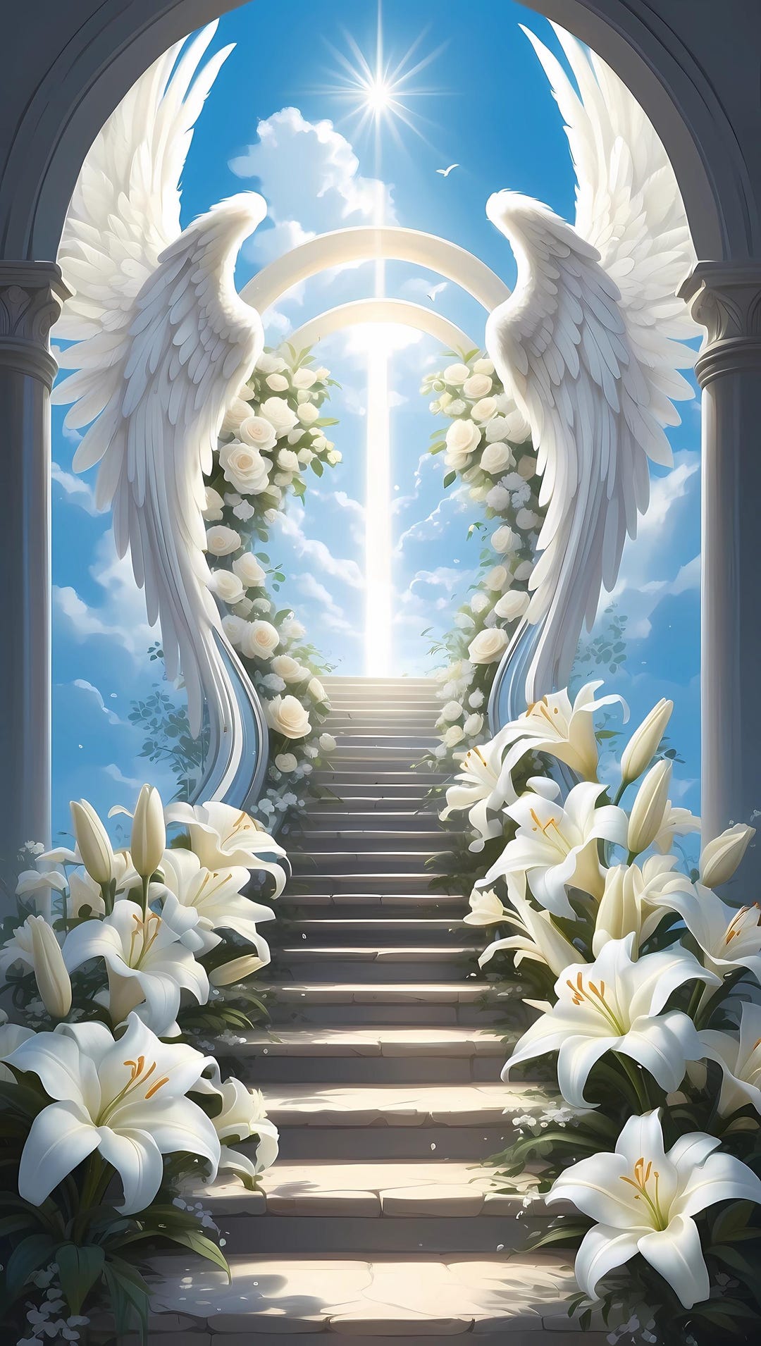 Heavenly Stairway Angel Wings Backdrop, Spiritual White Lily ...