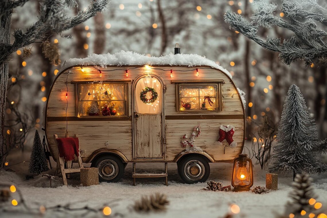 Vintage Christmas Camper Backdrop, Cozy Winter Wonderland Caravan Scene ...