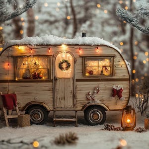 Vintage Christmas Camper Backdrop, Cozy Winter Wonderland Caravan Scene ...