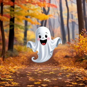 Halloween Digital Backdrop, Spooky Cute Ghost in Autumn Forest Digital ...