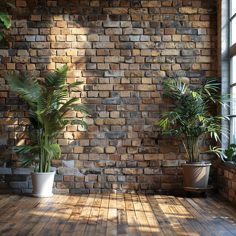 Digital Backdrop, Rustic Brick Wall, Urban Loft Style, Plant Decor ...