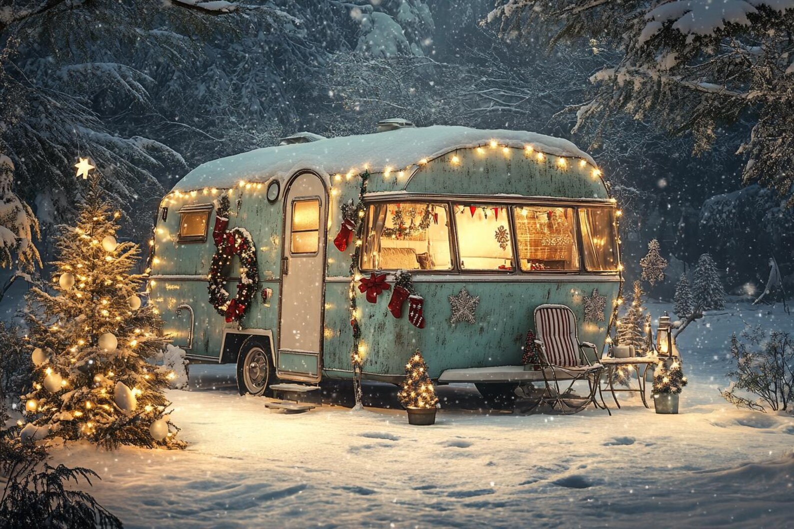 Vintage Christmas Camper Backdrop, Cozy Winter Wonderland Caravan Scene ...