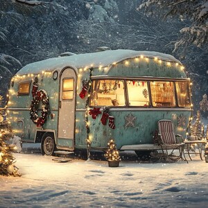 Vintage Christmas Camper Backdrop, Cozy Winter Wonderland Caravan Scene ...