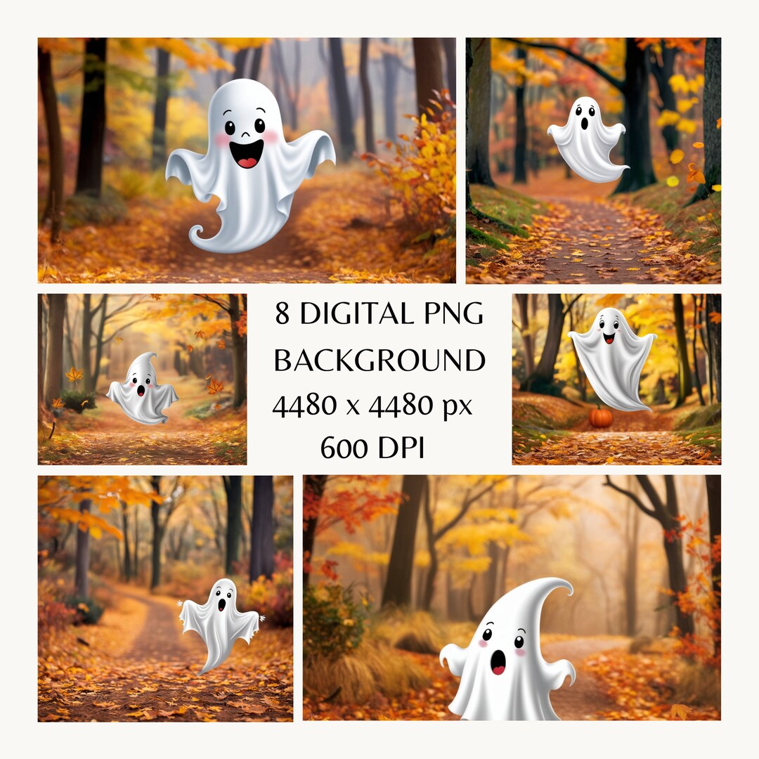 Halloween Digital Backdrop, Spooky Cute Ghost in Autumn Forest Digital ...