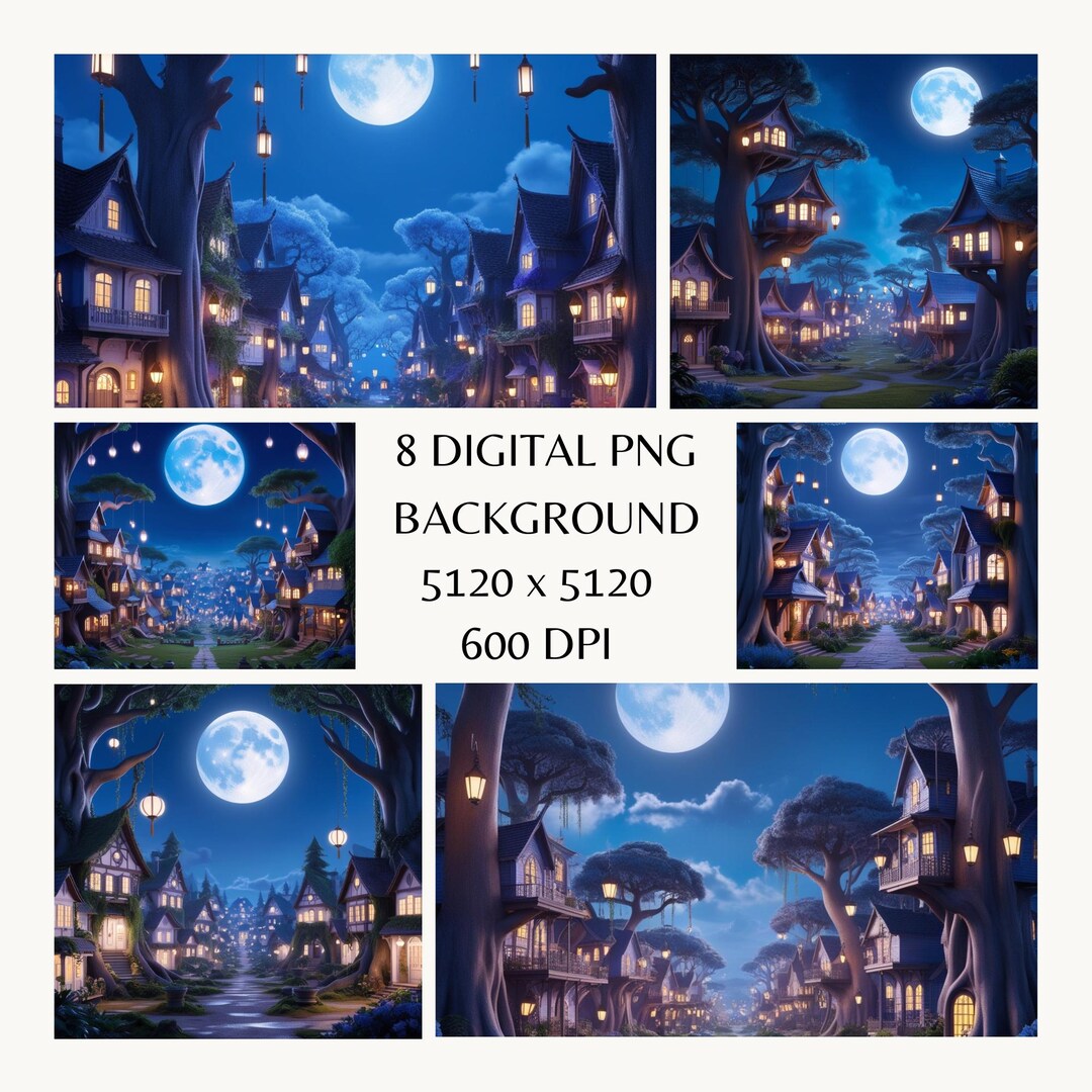 Enchanted Treehouse Village Backdrop, Magical Moonlit Forest Scene ...