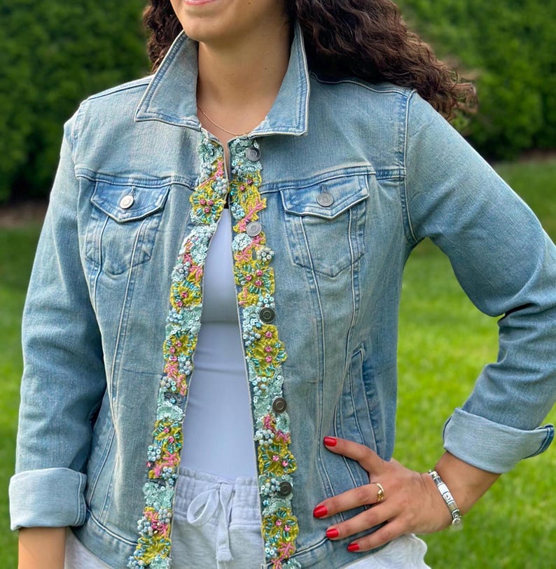 Hand-embellished Floral Beaded Denim Jacket – Light Wash Jean Jacket ...
