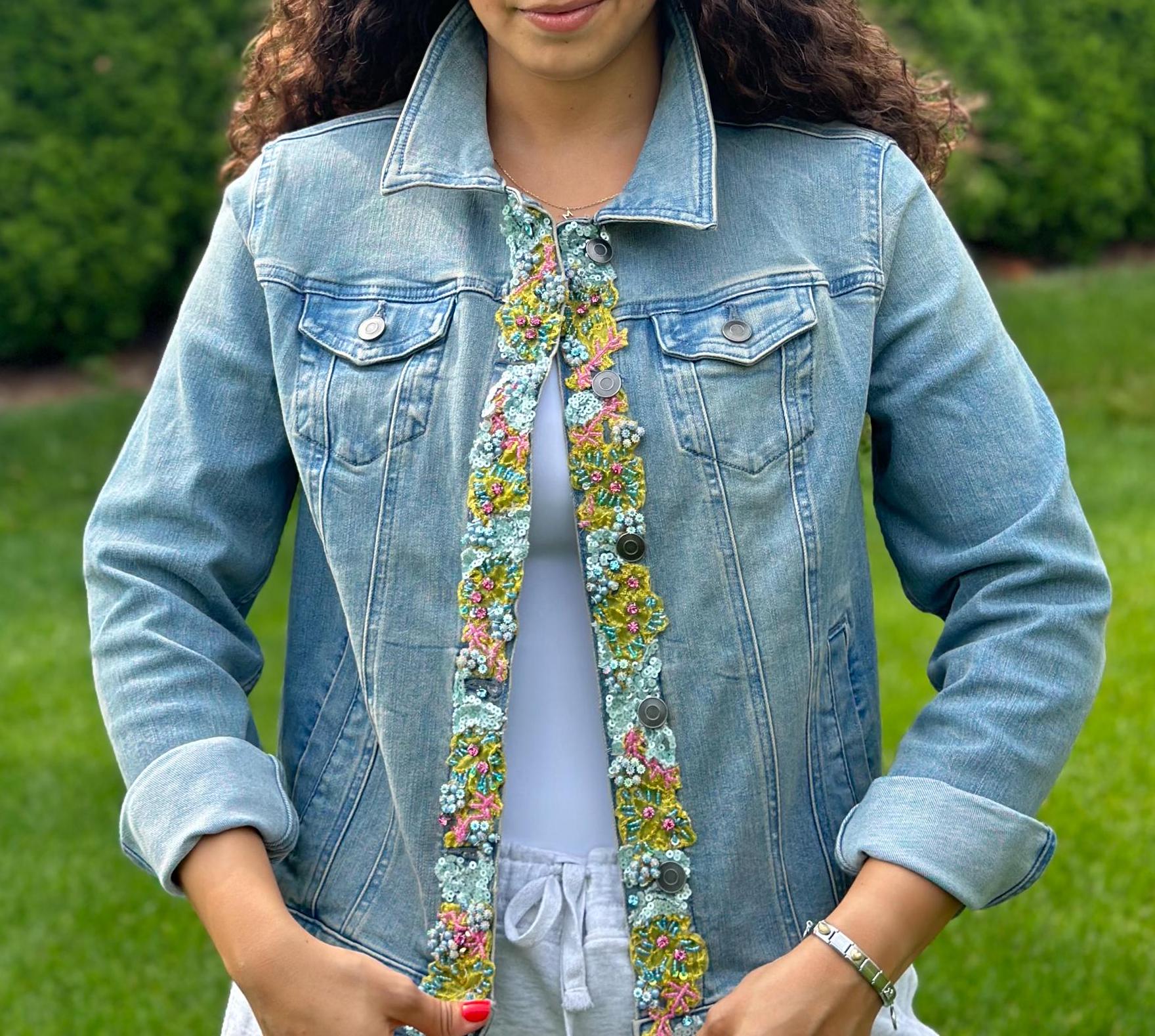 Hand-embellished Floral Beaded Denim Jacket – Light Wash Jean Jacket ...