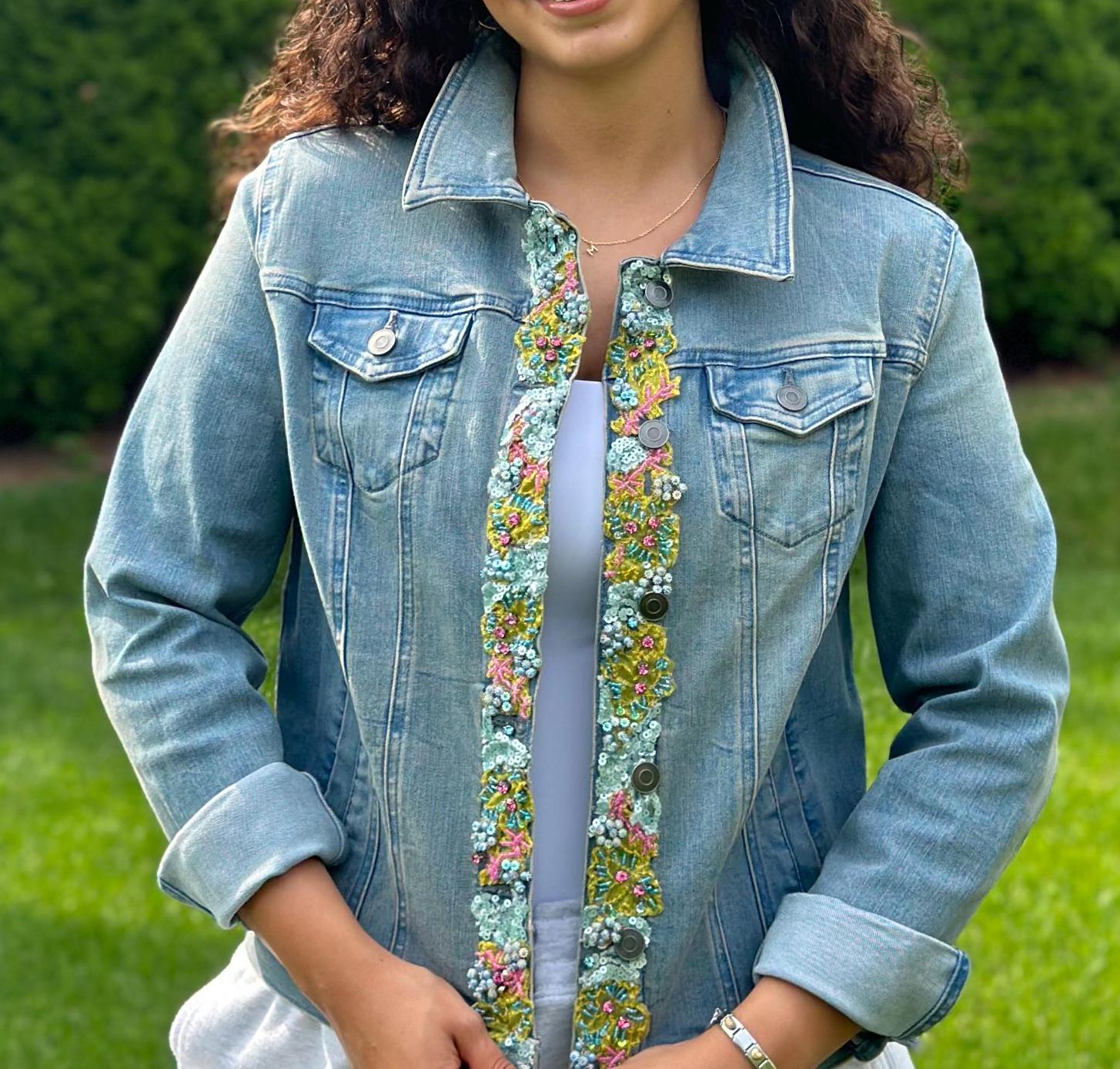 Hand-embellished Floral Beaded Denim Jacket – Light Wash Jean Jacket ...