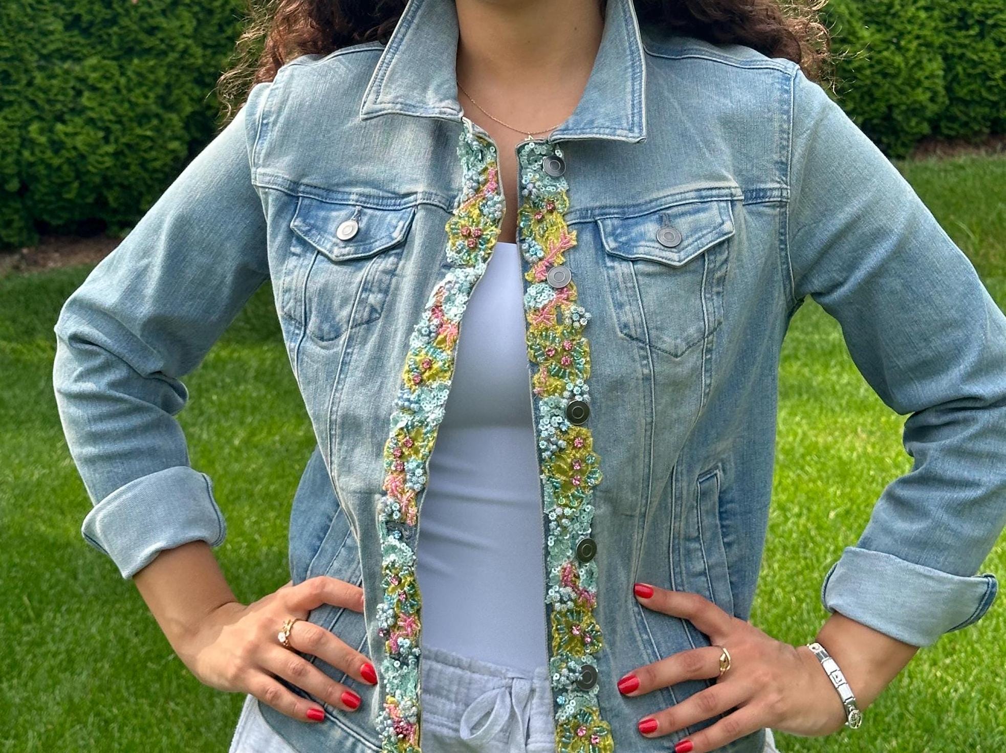 Hand-embellished Floral Beaded Denim Jacket – Light Wash Jean Jacket ...