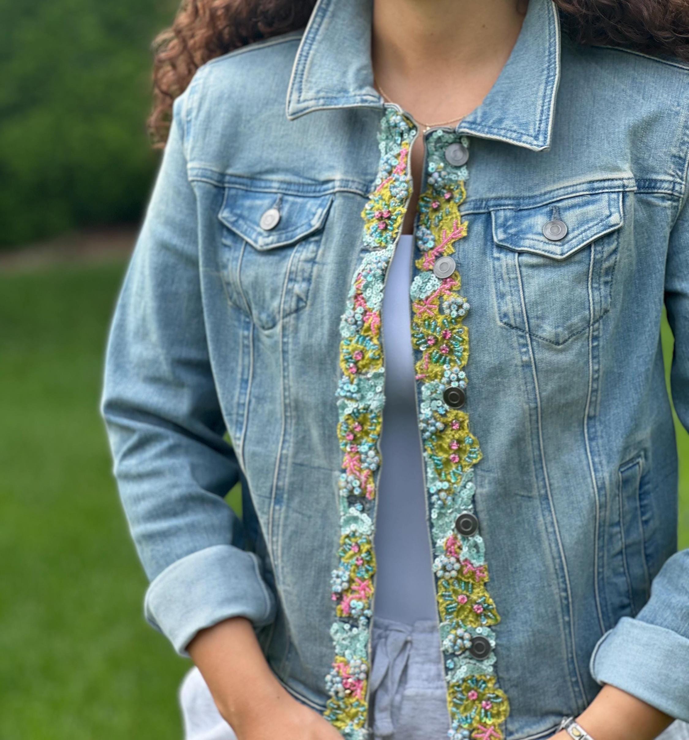Hand-embellished Floral Beaded Denim Jacket – Light Wash Jean Jacket ...