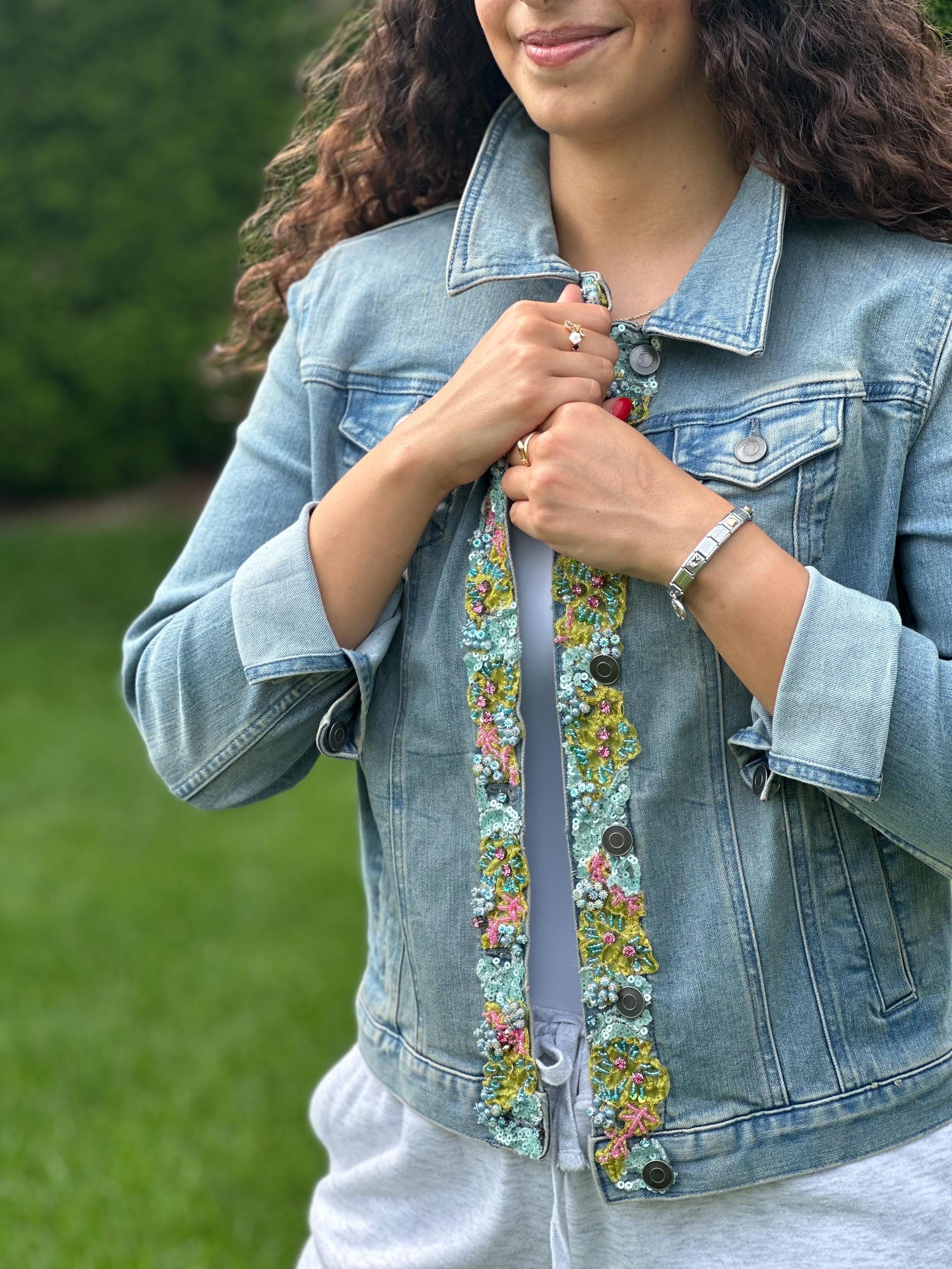 Hand-embellished Floral Beaded Denim Jacket – Light Wash Jean Jacket ...