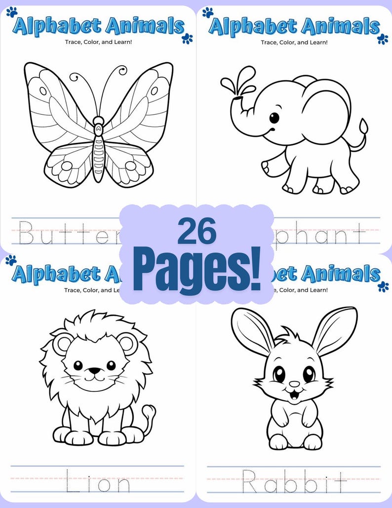 Animal Alphabet Coloring Pages & Tracing Printable, Educational Fun for ...