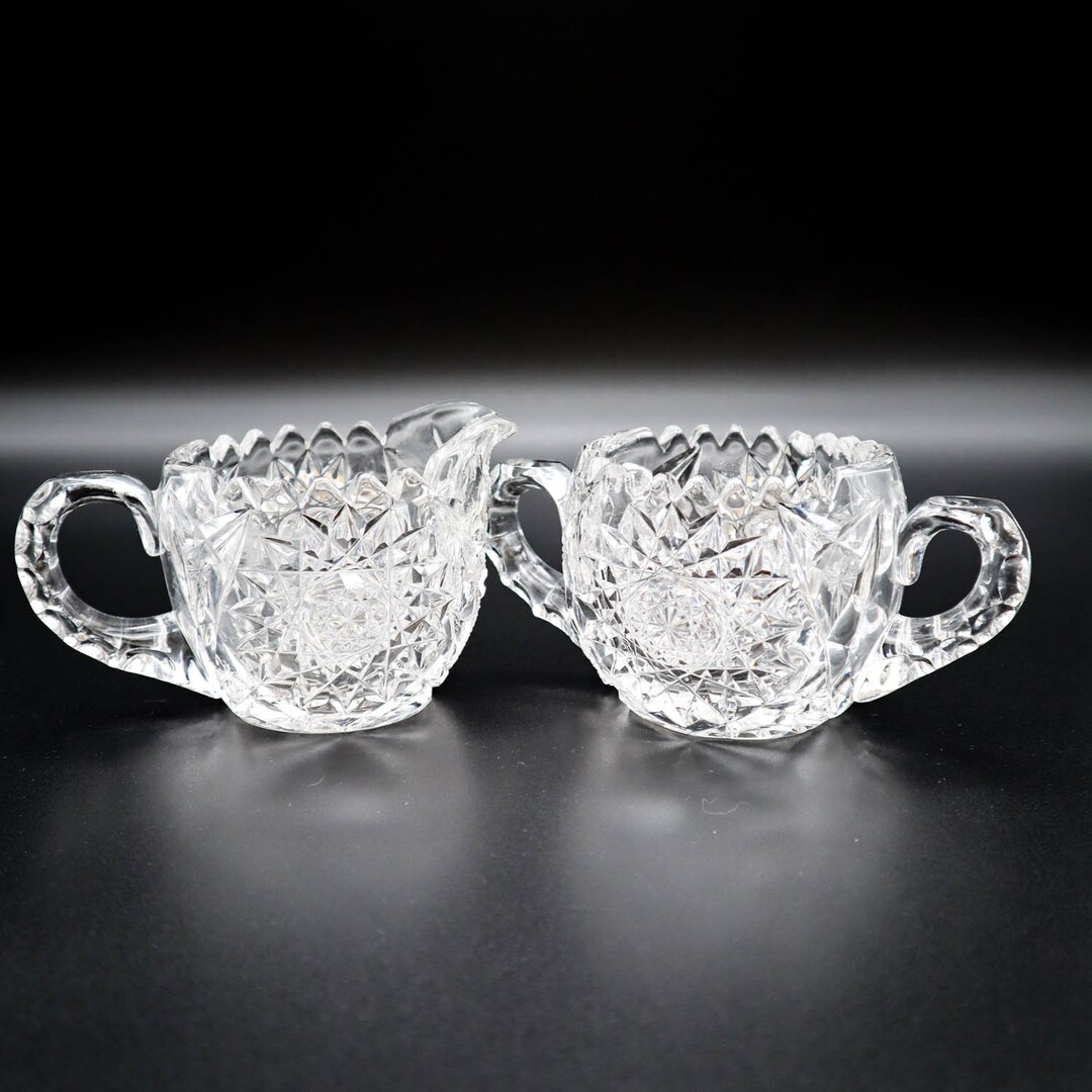 American Brilliant Period ABP Cut Crystal Glass Sugar & Creamer Hobstar ...