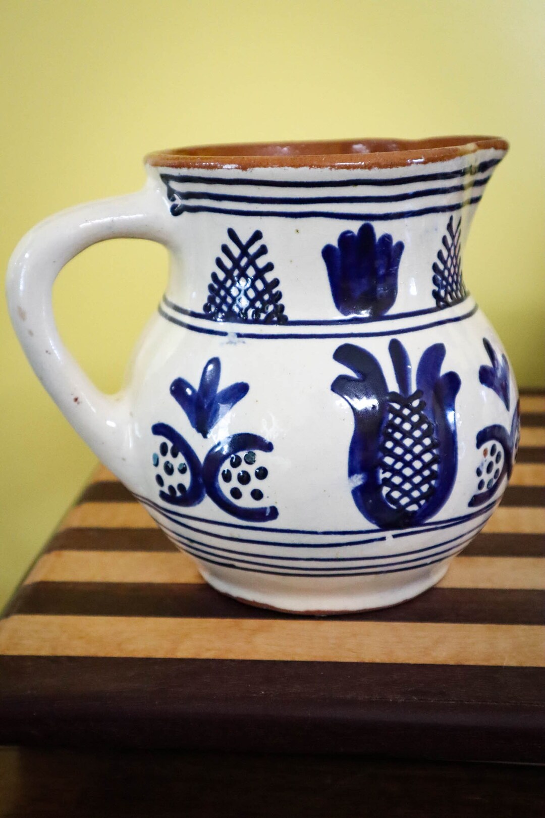 Vtg Folk Art Pottery Terracotta Stoneware Pitcher Handmade in Romania ...