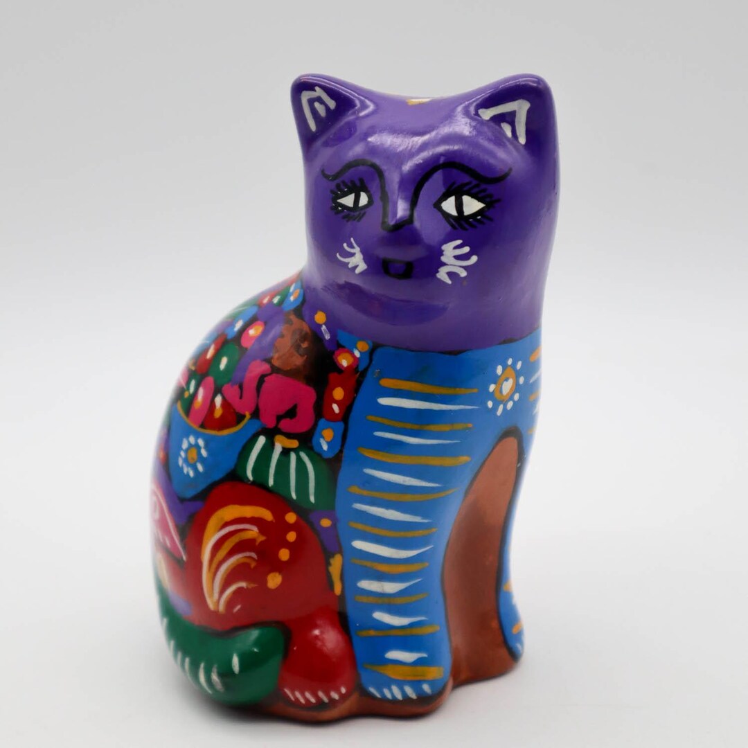 Colorful Mexican Folk Art Talavera Pottery Terra Cotta Cat Figurine ...