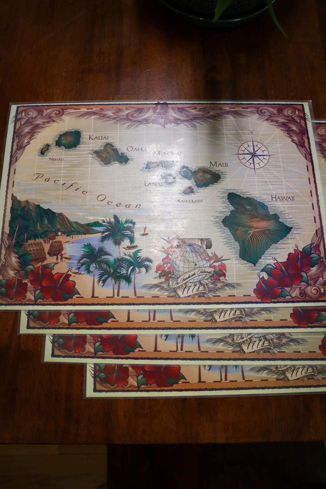Hawaii Island Map Laminated Placemats Tiki Hawaiian Floral - Etsy
