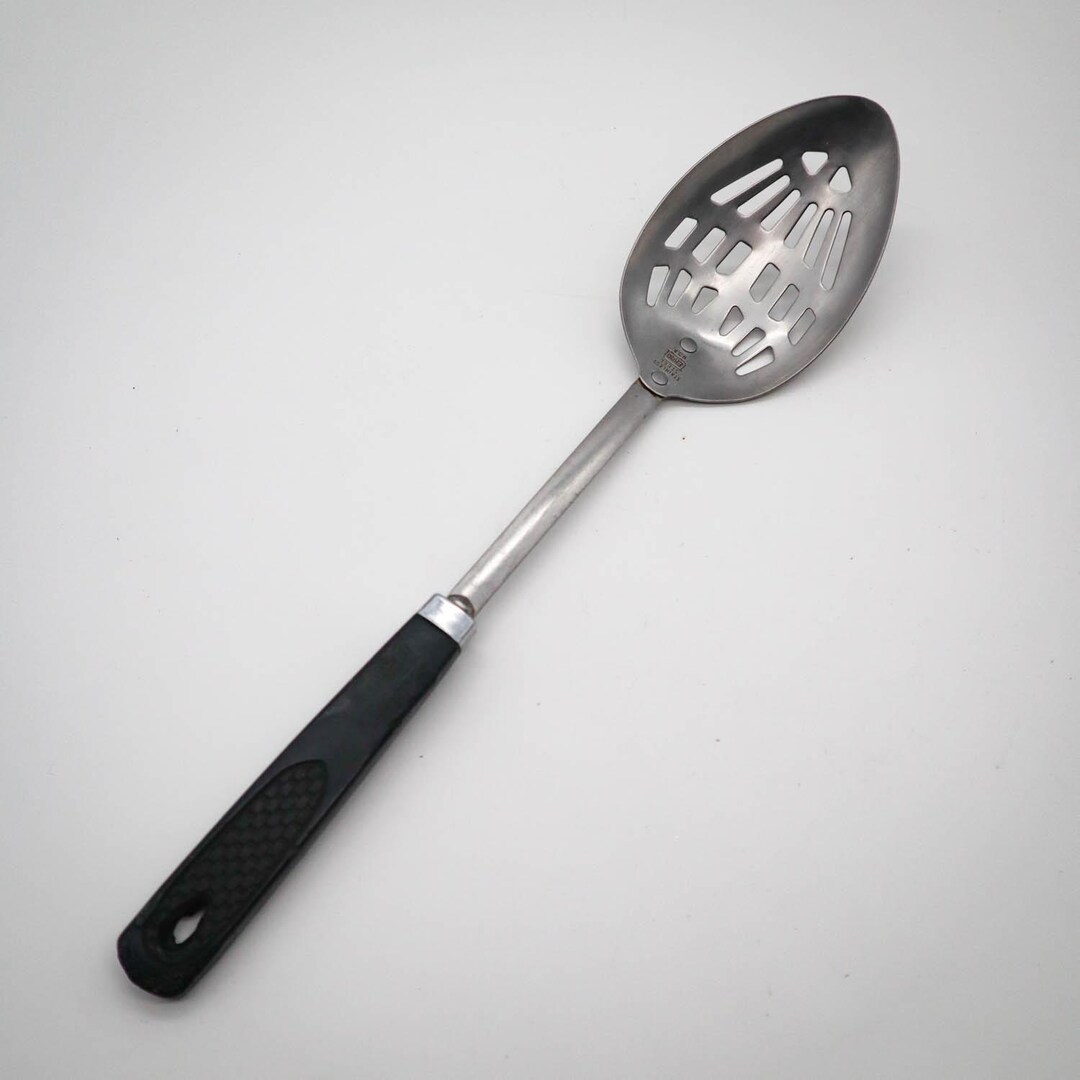 Vintage Ekco Stainless Steel Slotted Serving Spoon Black Handle USA MCM ...